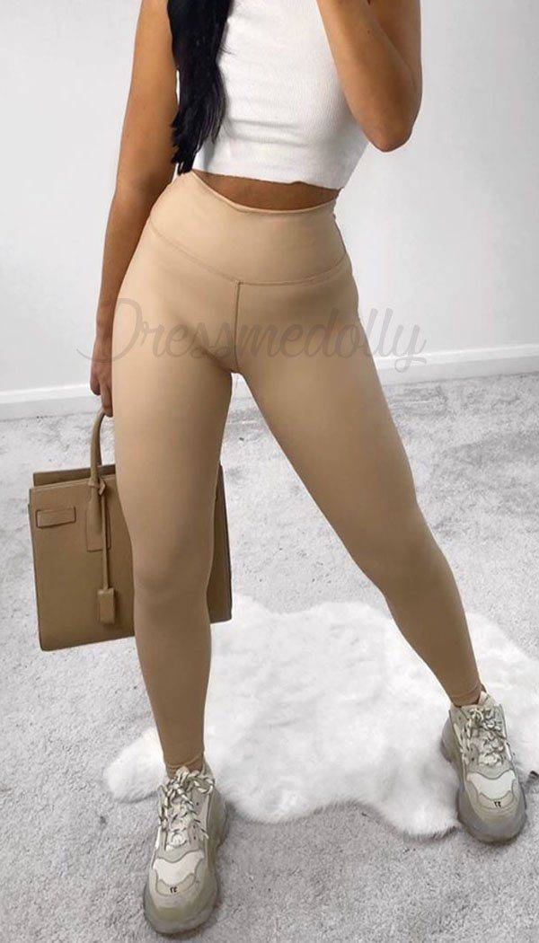 High Waisted Faux Leather Leggings In Beige Dressmedolly